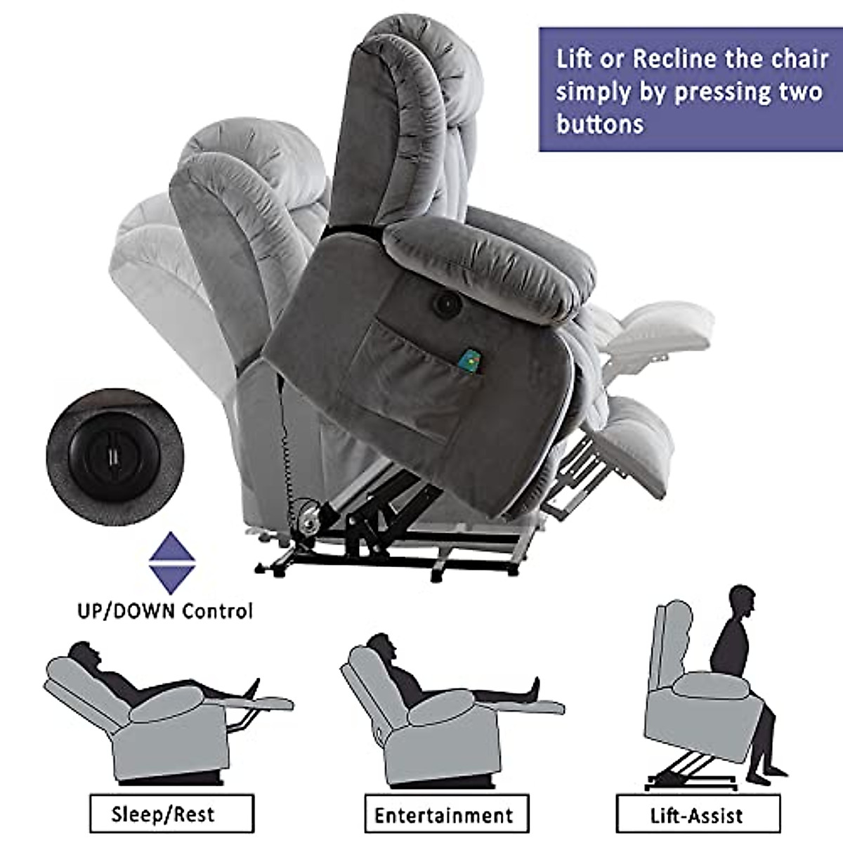 ANJ Electric Massage Power Lift Recliner Chair Sofa with Heat & Vibration for Elderly, Heavy Duty and Safety Motion Reclining Mechanism, Overstuffed Motorized Reclining Chairs with USB Port (Grey)