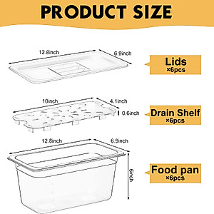 Sunnyray 6 Set 1/3 Size Polycarbonate Food Pans with Lids and Drain Shelf Clear Square Food Storage Containers for Kitchen Restaurant Fruit Vegetable Food Container and Storage (6 Inch Deep)