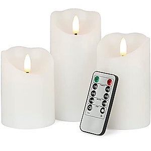 LUSHARBOR Flameless Candles, Battery Operated Real Wax LED Flickering Candles with 10Key Remote Control and Timers, Fake Electronic Candle for Christmas Party Room Home Decor, Set of 3(White)