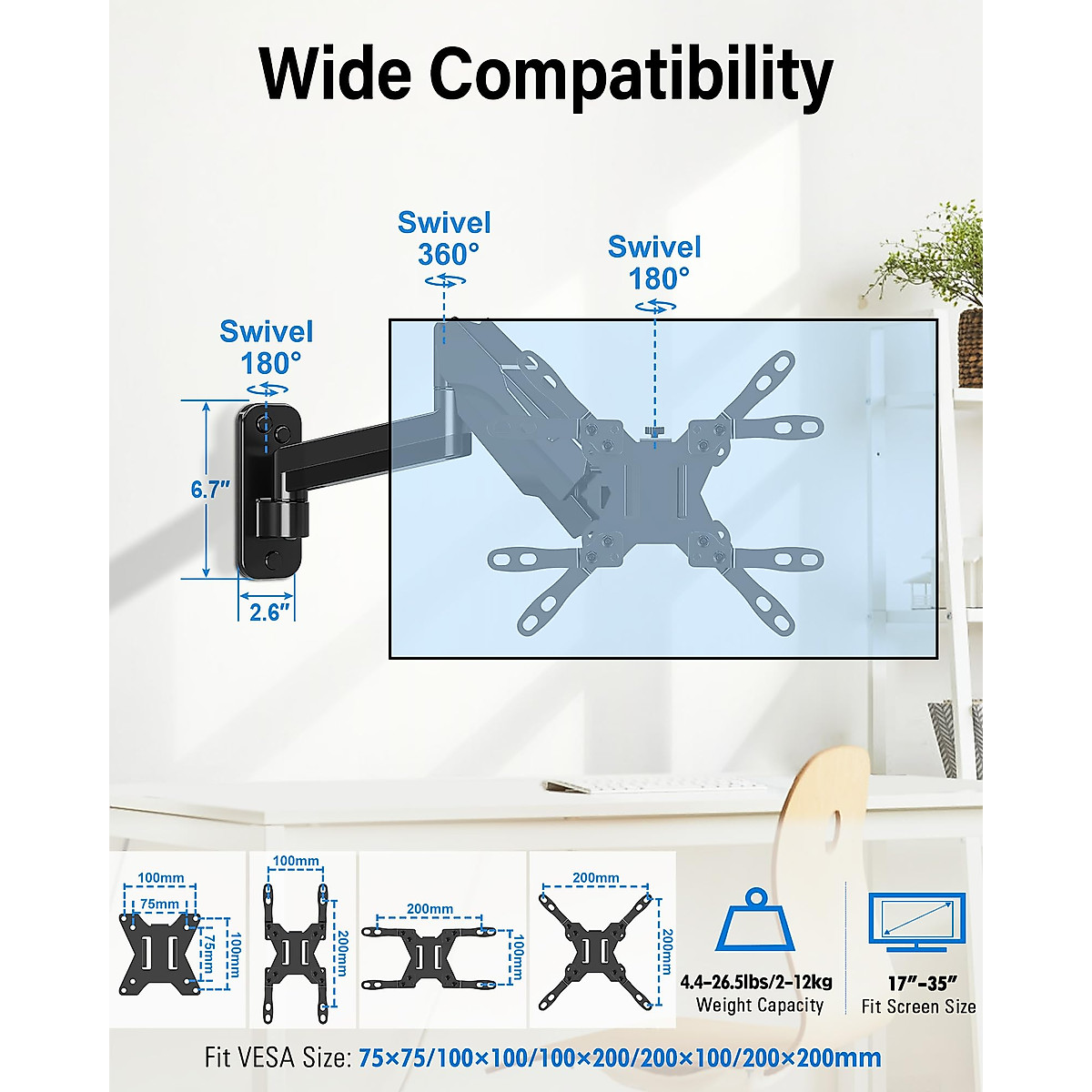 MOUNTUP Monitor Wall Mount for 17-35 Inch Computer Screen, Gas Spring Single Monitor Arm with VESA Extension Kit for VESA 75x75, 100x100, 100x200, 200x100, 200x200, Support 4.4-26.5lbs Display, Black