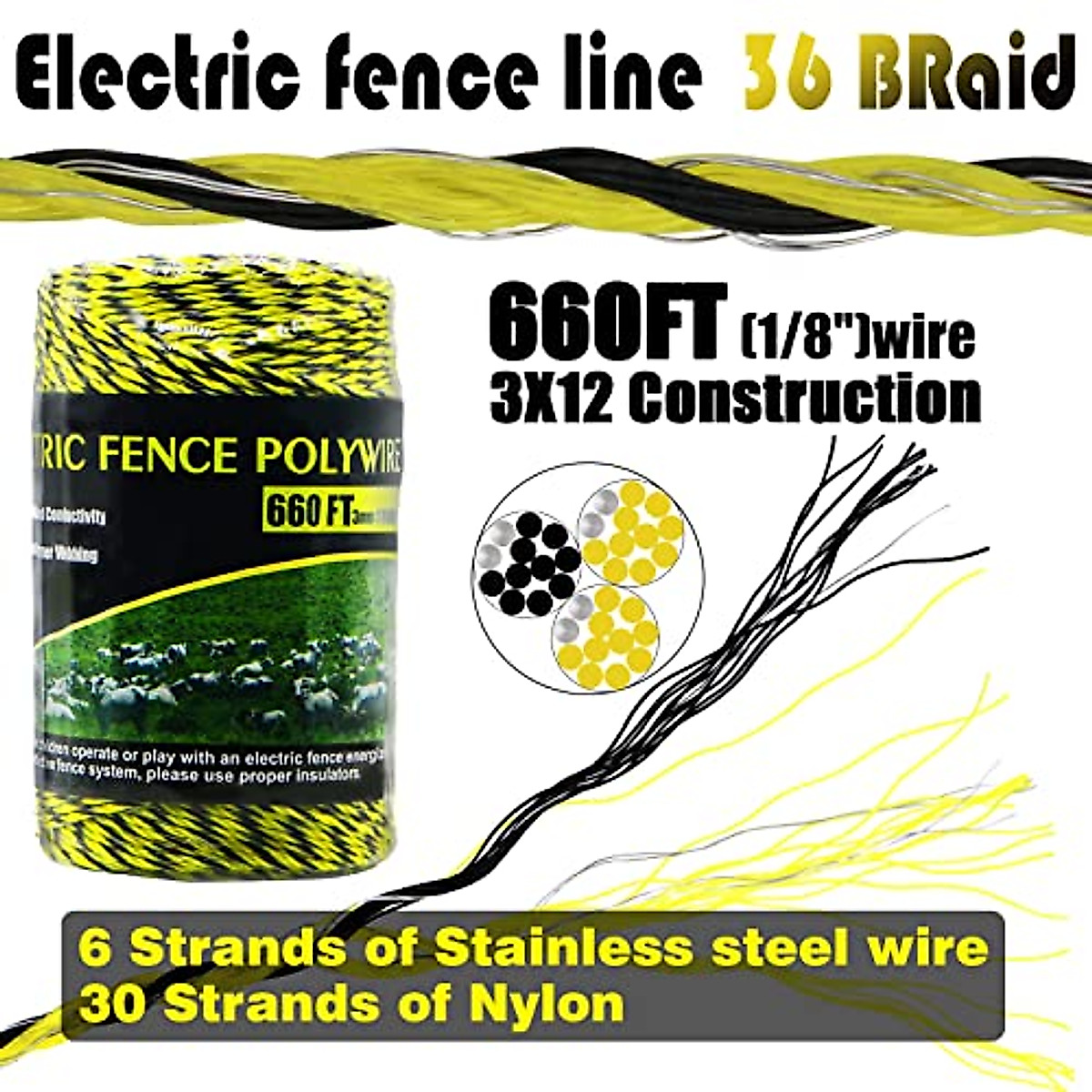 Upgraded Electric Fence Poly Wire 660 Feet 200 Meters 1/8" Dia Portable Electric Fencing Polywires and 100 Pcs Black Electric Fence Insulator