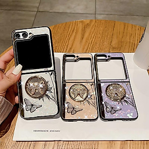 AMAZFCCY Galaxy Z Flip5 Kickstand Case,Cute Bling Butterfly Floral Elegant Luxury Rhinestone Diamond Shockproof Soft TPU Bumper Cover for Girls Women for Samsung Galaxy Z Flip 5 2023 (Rose Gold)