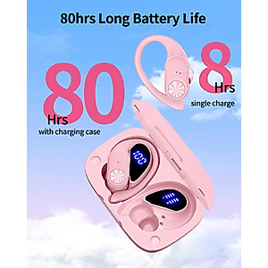 Bluetooth Headphones Wireless Earbuds 80hrs Playtime Wireless Charging Case Digital Display Sports Ear buds with Earhook Premium Deep Bass IPX7 Waterproof Over-Ear Earphones for TV Phone Laptop Pink