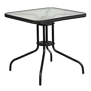 Flash Furniture Barker 28'' Square Tempered Glass Metal Table with Black Rattan Edging