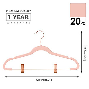 MIZGI Premium Velvet Pants Hangers with Clips (Pack of 20) Slim Skirt Hangers- Non Slip Felt Outfit Dress Hangers Blush Pink - Copper/Rose Gold Hooks,Space Saving Shirt Clothes Hangers