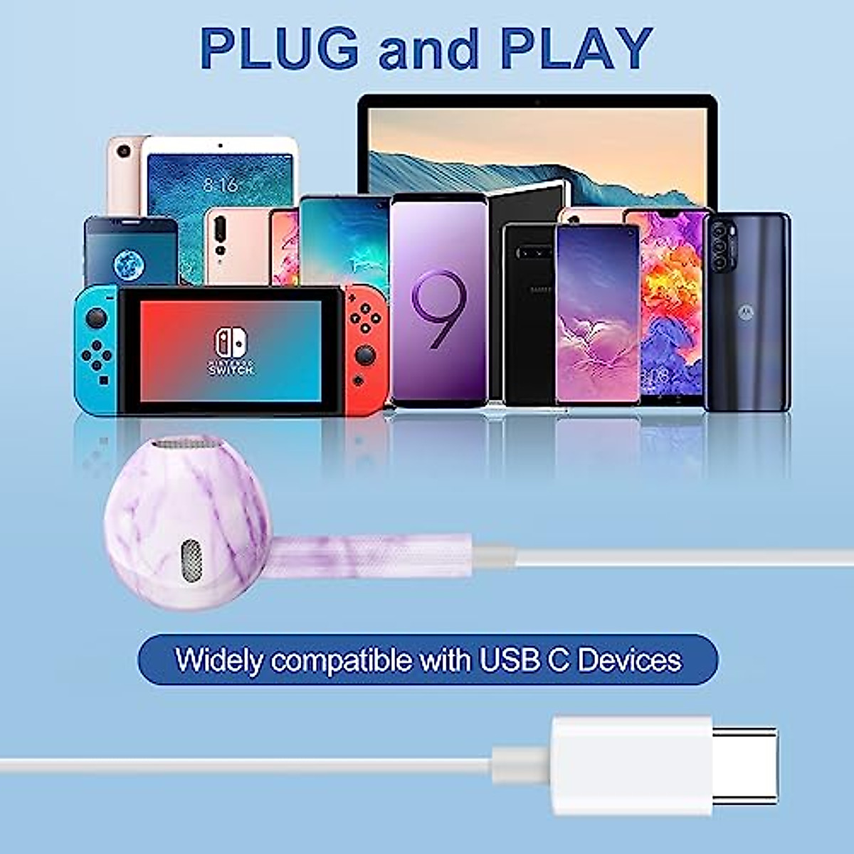 Aolcev USB C Wired Headphones, Noise Canceling Type C Earphones with Mic Earbuds Compatible with All Type C Devices USB C Earbuds for Samsung Galaxy Z Flip 5/4/3 S23 Ultra/S22/S21, Earbuds Purple