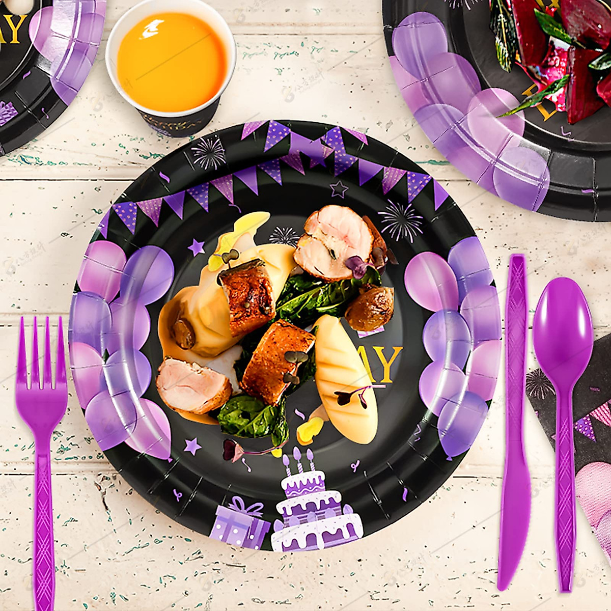 168 Pcs Purple and Black Birthday Party Supplies Tableware Set Party Plates, Knife,Forks,Spoons, Cups and Napkins Table Decorations for Women Girls Birthday Party Decorations, 24 Guests