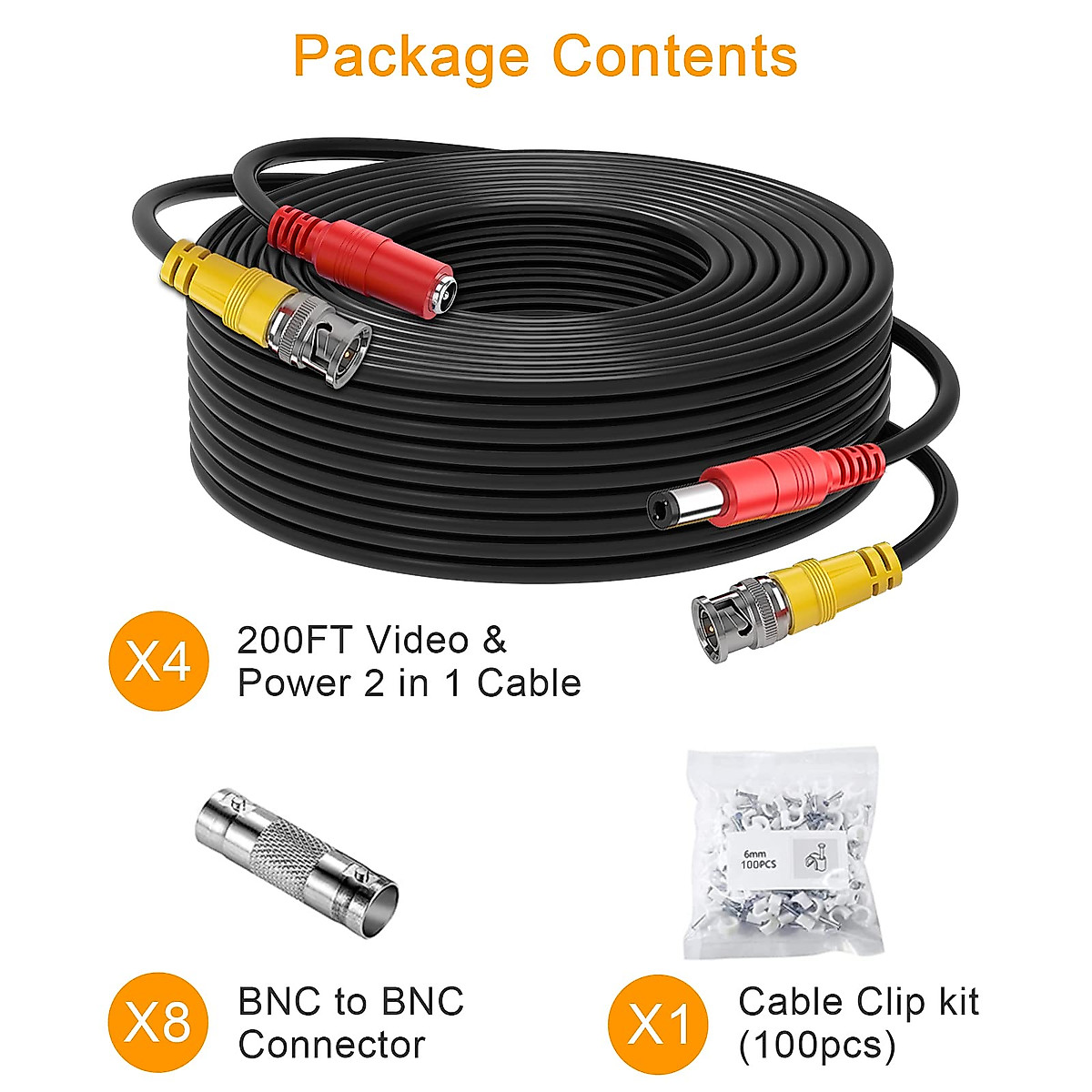 WildHD 4x200ft BNC Cable All-in-One Siamese Video and Power Security Camera Cable Extension Wire Cord with 2 Female Connectors for All Max 5MP HD CCTV DVR Surveillance System, 200ft 4pack Cable, Black