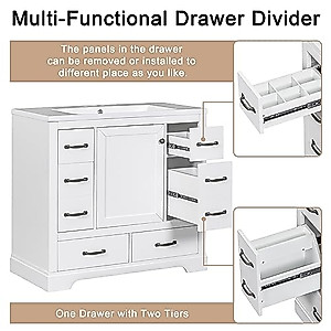 Merax 36" Bathroom Vanities Sink Set, Ceramic Undermount Top, Freestanding Cabinet with Door and Multi-Functional Drawers, Storage Divider, White