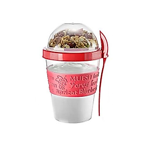 DGRS MARKET 20 oz Breakfast Cereal On the Go Cups with Spoon, Portable Take'n Go Oatmeal and Yogurt Parfait Containers Cup with Lids Reusable for Yogurt, Fruit Cup for Travel, 2PCs (Green & Red)