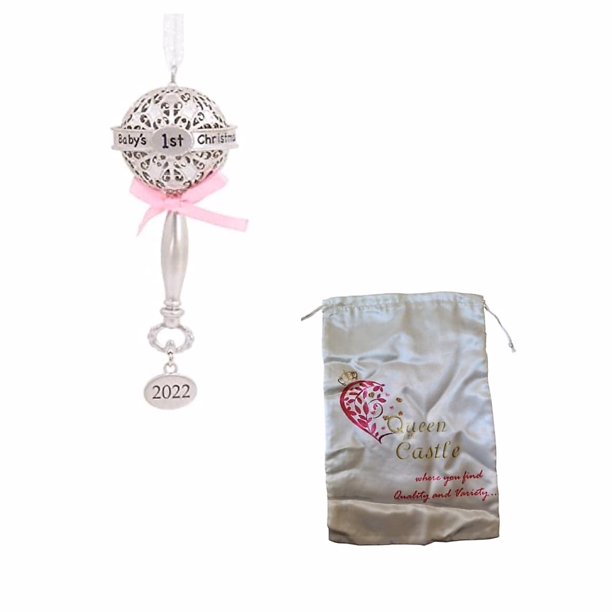 Hallmark Premium Baby's First Christmas Silver Baby Rattle with Pink Ribbon 2022 Metal Ornament with Queen of the Castle Satin Gift Bag