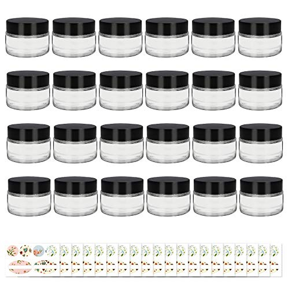 24 Pack 1oz Clear Round Glass Jars - Empty Cosmetic Containers with Inner Liners, black Lids and Glass Sample Jars with labels For Slime, Beauty Products, Cosmetic, Lotion，Powders and Ointments