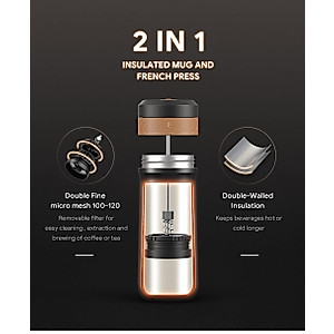 BENFUCHEN Portable French Press Coffee Maker Car-Go Vacuum Insulated Travel Bottle Mug, Hot/Cold Brew Coffee Press With Four-Layer Unique Filter Mesh Stainless Steel Tea Press Single Serve