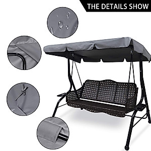 Outdoor Patio Swing Chair Canopy Replacement, 3 Seater Porch Swing Seat Canopy Cover, Waterproof Windproof Anti-UV Heavy Duty Rip Proof Garden Hammock Top Cover, Garden Furniture Covers (Grey, Large)