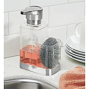 mDesign Modern Plastic Kitchen Sink Countertop Liquid Hand Soap Dispenser Pump Bottle Caddy with Storage Compartment - Holds and Stores Sponges, Scrubbers and Brushes - Clear/Chrome