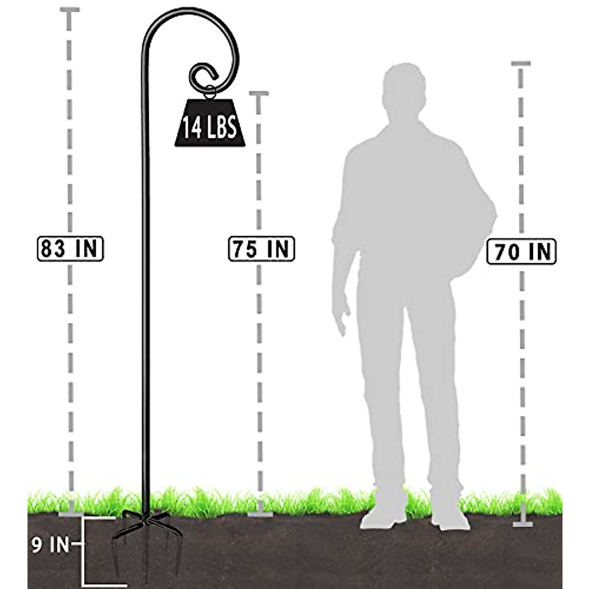 Artigarden Outdoor Shepherd Hooks 92 inch Tall for Bird Feeder (2 Packs), Adjustable Metal Garden Poles for Hanging Plants Solar Light Lantern, Bright Black