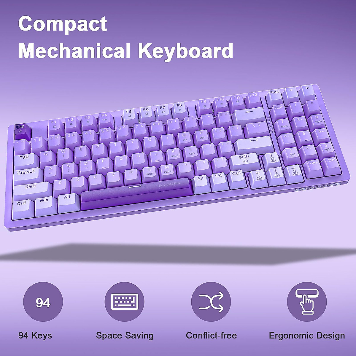 HUO JI Mechanical Gaming Keyboard USB Wired Compact with Number Pad, Purple Led Backlit, Red Switch, Detachable Type C Cable, 94 Keys for PC/Computer/Laptop, Purple and White