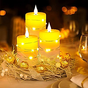 Won't Melt Flameless Candles,with Starry String Lights, Waterproof，Outdoor Indoor Battery Operated LED Candles with Remote Timers, Moving Flame, Ivory Paraffin Plating Plastic, Set of 3
