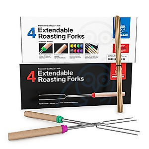 TooglBox - 4 Piece 32 Inch Marshmallow Roasting Stick - Telescoping Stainless Steel Cookware Set-Forks for Smores & Hot Dogs - Bonus 20 Bamboo skewers, Bag (4)