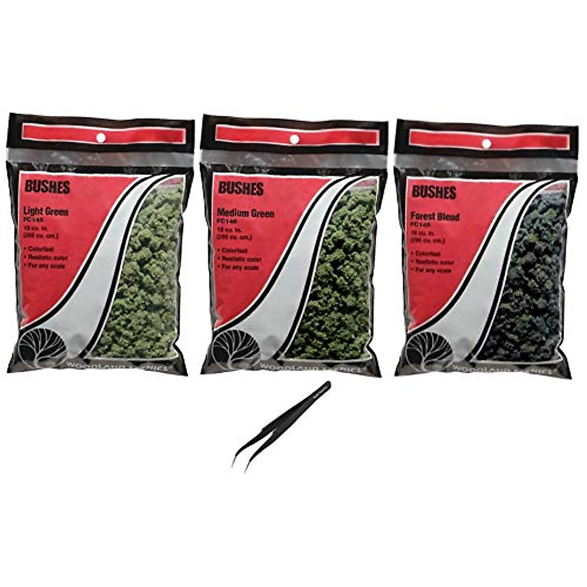 Woodland Scenics Bushes, Light Green, Medium Green, and Forest Blend (Pack of 3) - with Make Your Day Curved Tweezers