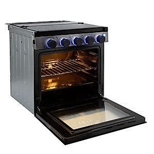 RecPro RV Stove Gas Range 21" Tall | 6500 and 8000 BTU Three Burner | 7100 BTU Oven with 1.8 Cu. Ft Capacity | Black or Stainless Steel Finish (Silver Version B, No Vented Range Hood)