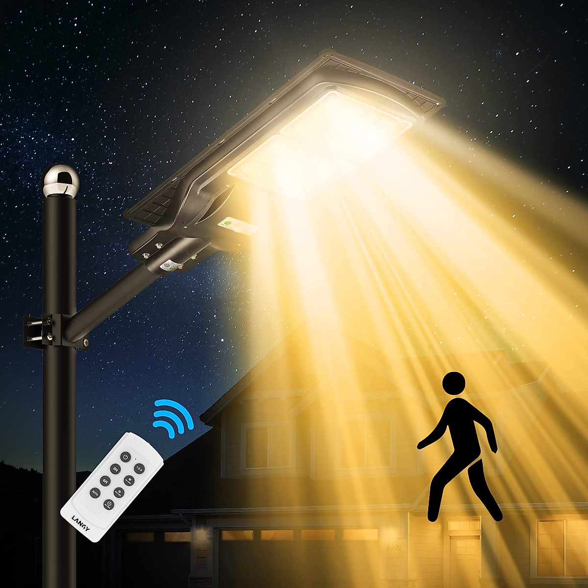 LANGY 120W Solar Street Lights Outdoor 240pcs LED Chips 12000 Lumens, Solar Street Light with Motion Sensor & Dusk to Dawn Solar Powered IP65 with Remote Control, for Barn,Sidewalk, Garden