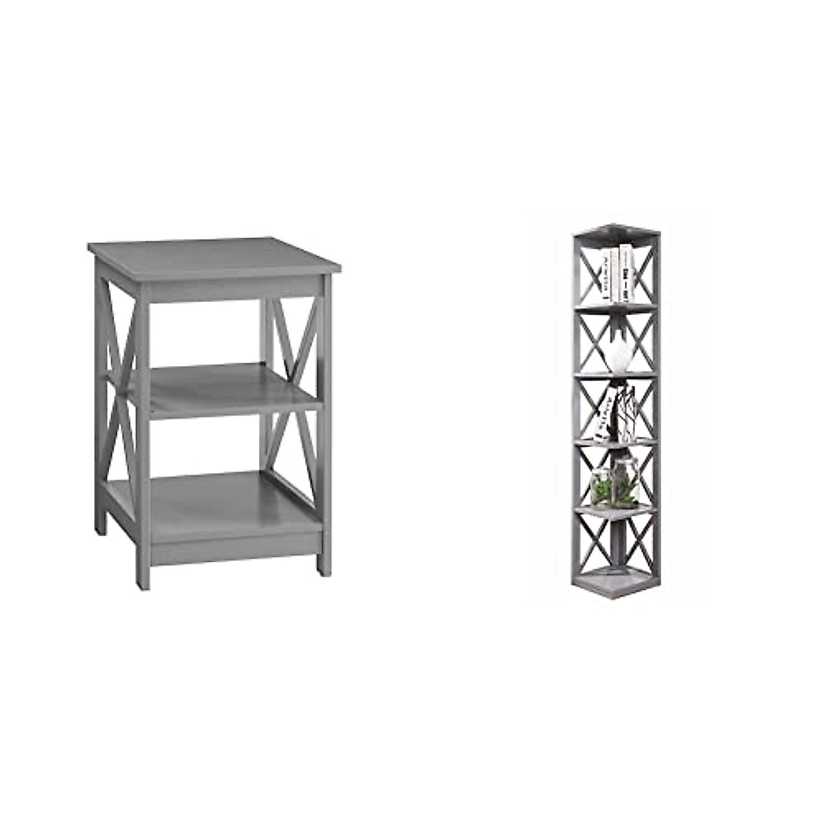Convenience Concepts Oxford End Table with Shelves, Gray & Oxford 5 Tier Corner Bookcase, Gray