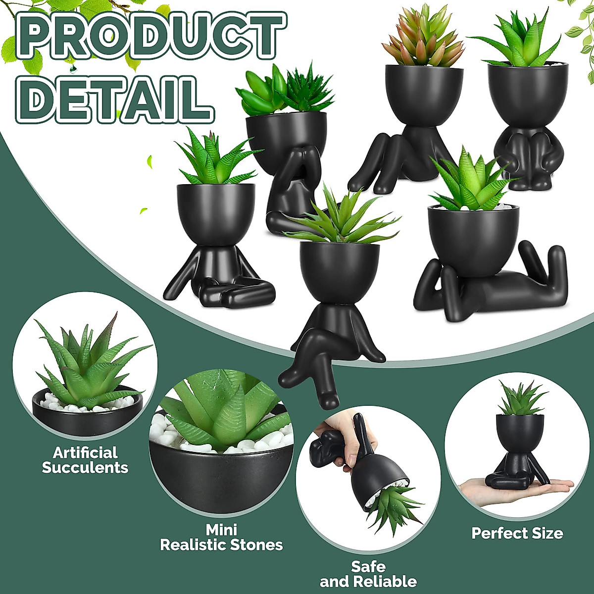 6 Pcs Cute Artificial Succulent Plants Mini Fake Succulent Ceramic Succulent Planters with Creative Human Shaped Pots Decorative Pots Mini Potted Succulents Decor for Office Home Decor (Black, Cute)