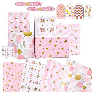Jatidne 12 Sheets Gift Wrapping Paper Birthday with Tags and String Flat Pink Gift Wrap for Birthdays, Graduations