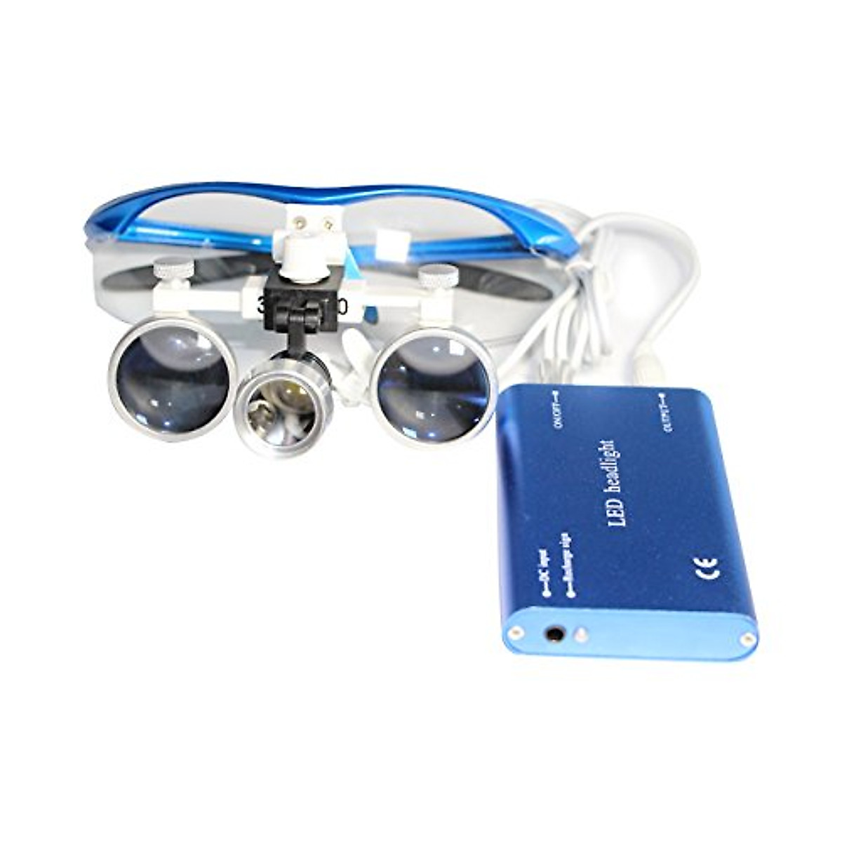 Dental Power Dental Binocular Loupes 3.5X 420mm + LED Head Light Lamp +Aluminum Box (Blue)