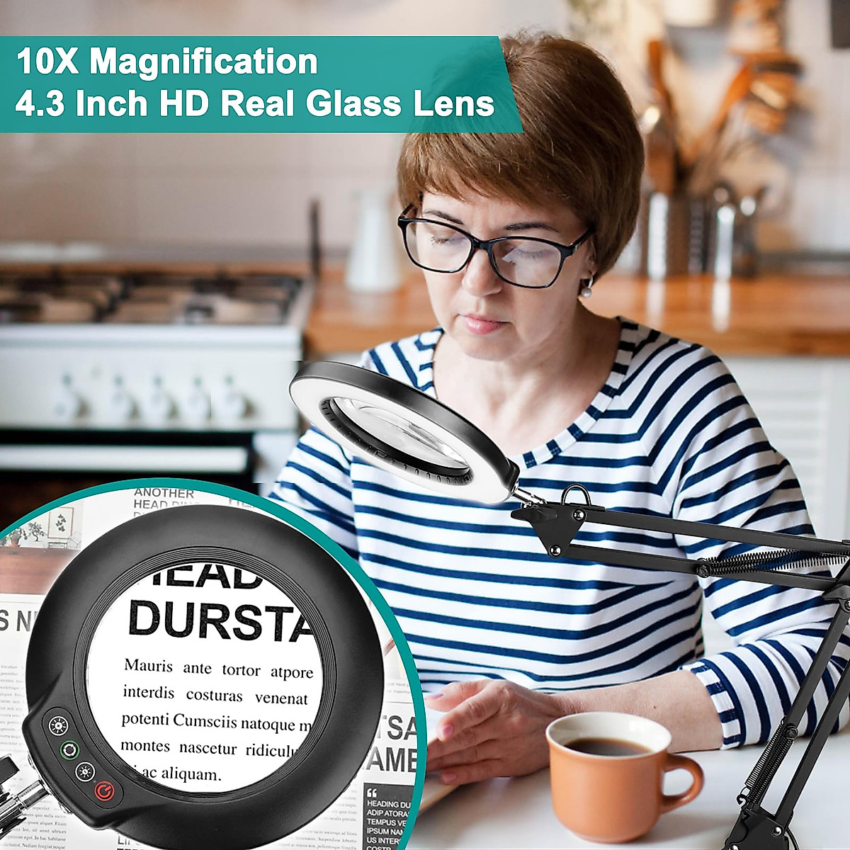 Drdefi 10X Magnifying Glass with Light and Clamp，Adjustable Swing Arm LED Lighted Desk Lamp, 5 Color Modes Stepless Dimmable Hands Free Magnifier Lamp for Craft Hobby Close Works Painting Reading