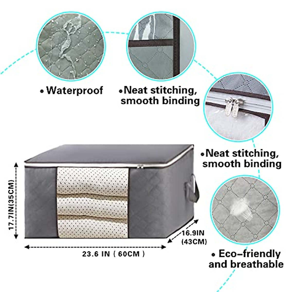 6 Pack Clothes Storage Bags Organizers- Durable, Foldable Clothing Storage Bags with Zipper and Sturdy Handles- 90L Large Storage Bags for Clothes, Pillows, and More- Blanket Storage Bags- Gray