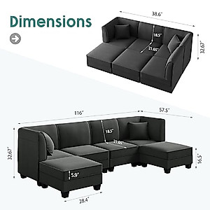 Shintenchi Reversible Modular Sectional Sofa Couch,116" Velvet U-Shaped Sectional Couch Sofa with Ottomans, 6 Pieces Modular Large Sectional Sofa Set for Living Room,Dark Gery