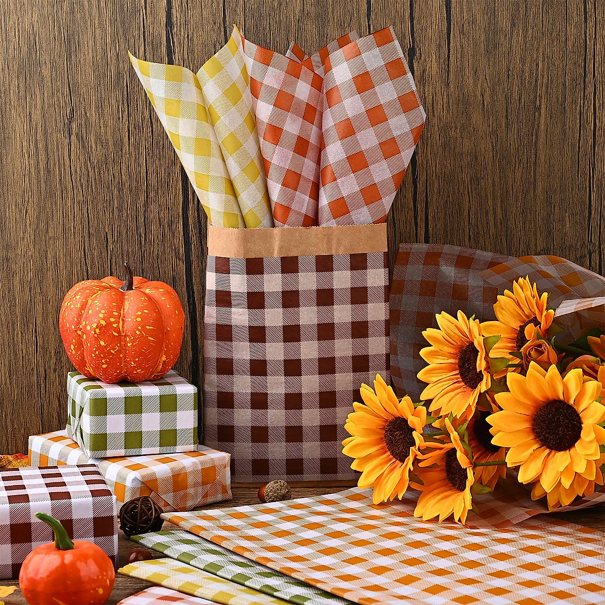 50 Sheets Large Size Autumn Plaid Tissue Bulk, 28 * 20'' Brown Green Yellow Red Orange Buffalo Plaid Gift Wrapping Tissue for Fall Harvest Thanksgiving Day Party DIY Craft
