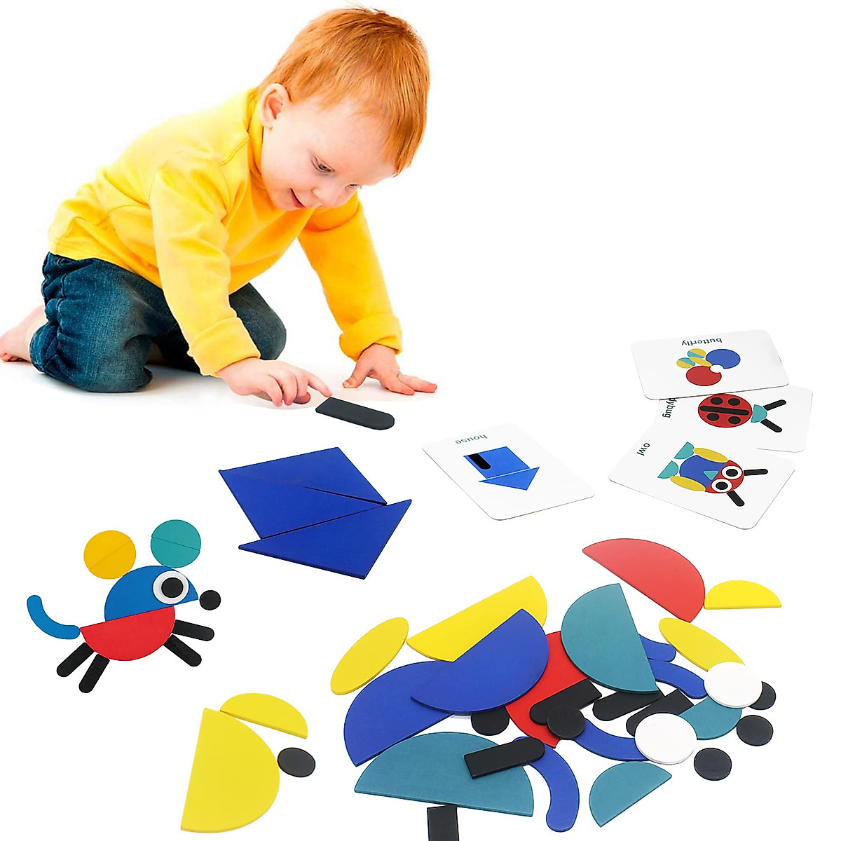 FLYINGSEEDS Wooden Pattern Blocks Animals Jigsaw Puzzle Sorting and Stacking Games Montessori Educational Toys for Toddlers Kids Aged 3+ Years Old (36 Shape Pieces & 60 Design Cards)