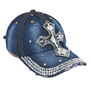 Popfizzy Cross Hat, Rhinestone Hats for Women, Bling Bling Bedazzled Baseball Caps, Distressed Denim Hat, Bejeweled Hats