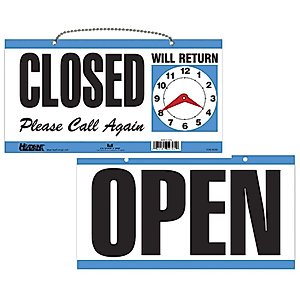 Headline Sign 9395 Double-Sided Open/Closed/Will Return Sign with Clock Hands, 6" x 11.5", Blue