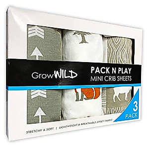 GROW WILD Pack N Play Sheets or Mini Crib Sheets | Soft Stretchy Pack and Play Sheets for Playard Mattress | Ultra Soft Pack N Play Fitted Sheet | Grey Woodland Animals