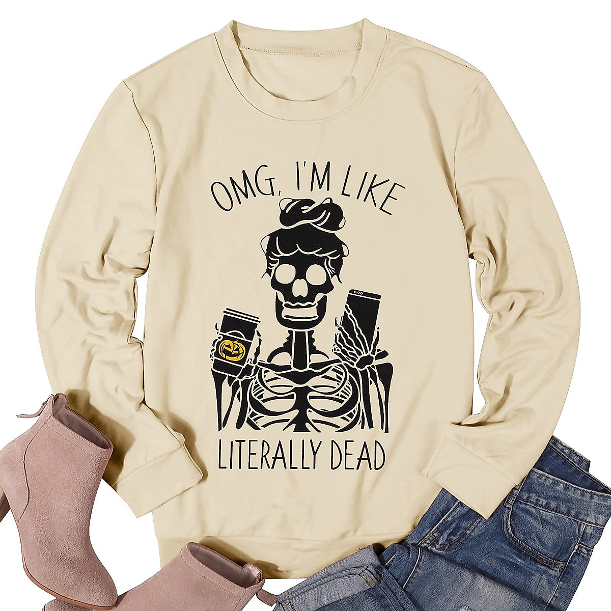 MOUSYA Halloween Skeleton Sweatshirt Women Skull Shirt Funny Coffee Skeleton Hoodie Fall Long Sleeve Pullover Tops