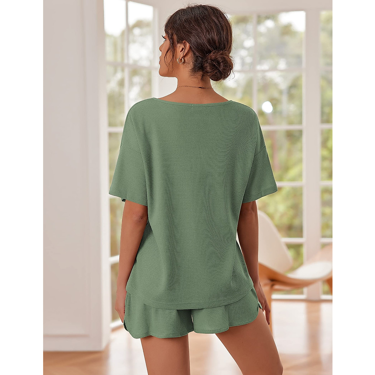 Ekouaer Waffle Knit Lounge Sets for Women 2 Piece Outfits Short Sleeve Top and Shorts Pajama Sets Tracksuit Sweatsuits Grey Green