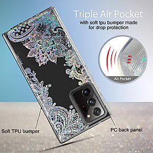 Coolwee Clear Glitter for Note 20 Ultra Case Thin Flower Slim Crystal Lace Bling Women Girls Floral Plastic Hard Back Soft TPU Bumper Protective Cover for Samsung Galaxy Note 20 Ultra Mandala Henna