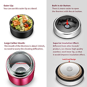 Alxeme Insulated Lunch Container, 27oz Vacuum Insulated Food Jar for Kids Adult, Stainless Steel Wide Mouth Soup Thermo for Cold Hot Food, Leak Proof Bento Box with Spoon Flexible Handle - RoseGold