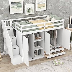 BIADNBZ Functional Twin Size Loft Bed with 3 Shelves, 2 Wardrobes and 2 Drawers,Wooden Bedframe with Storage Stairs for Teens/Bedroom,White