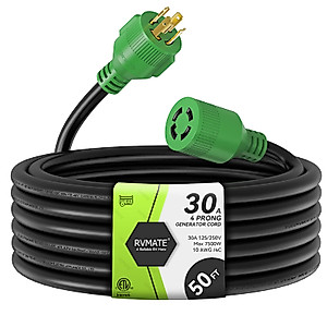 RVMATE 30 Amp Generator Cord 4 Prong 50 Feet, NEMA L14-30P/L14-30R, 125/250V Up to 7500W 10 Gauge SJTW Generator Extension Cord, ETL Listed