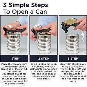 Deiss Pro Heavy Duty Can Opener Manual Smooth Edge, Handheld Can Opener With Soft Touch Handle, Rust Proof Safety Can Opener Oversized Handheld Easy Turn Knob, Best Large Lid Openers (BLACK)