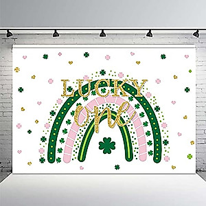 MEHOFOND 7x5ft Lucky One Rainbow Backdrop St. Patrick's Day 1st Birthday Party Banner for Girl Shamrock Green Clover Pink Gold Floral Background Party Supplies Photo Booth Props