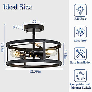 XPEHK 3-Light Semi Flush Mount Ceiling Light,Farmhouse Flush Mount Light Fixture,Industrial Ceiling Light Black Metal Cage Ceiling Lighting for Kitchen Foyer Hallway Entryway 2 Pack