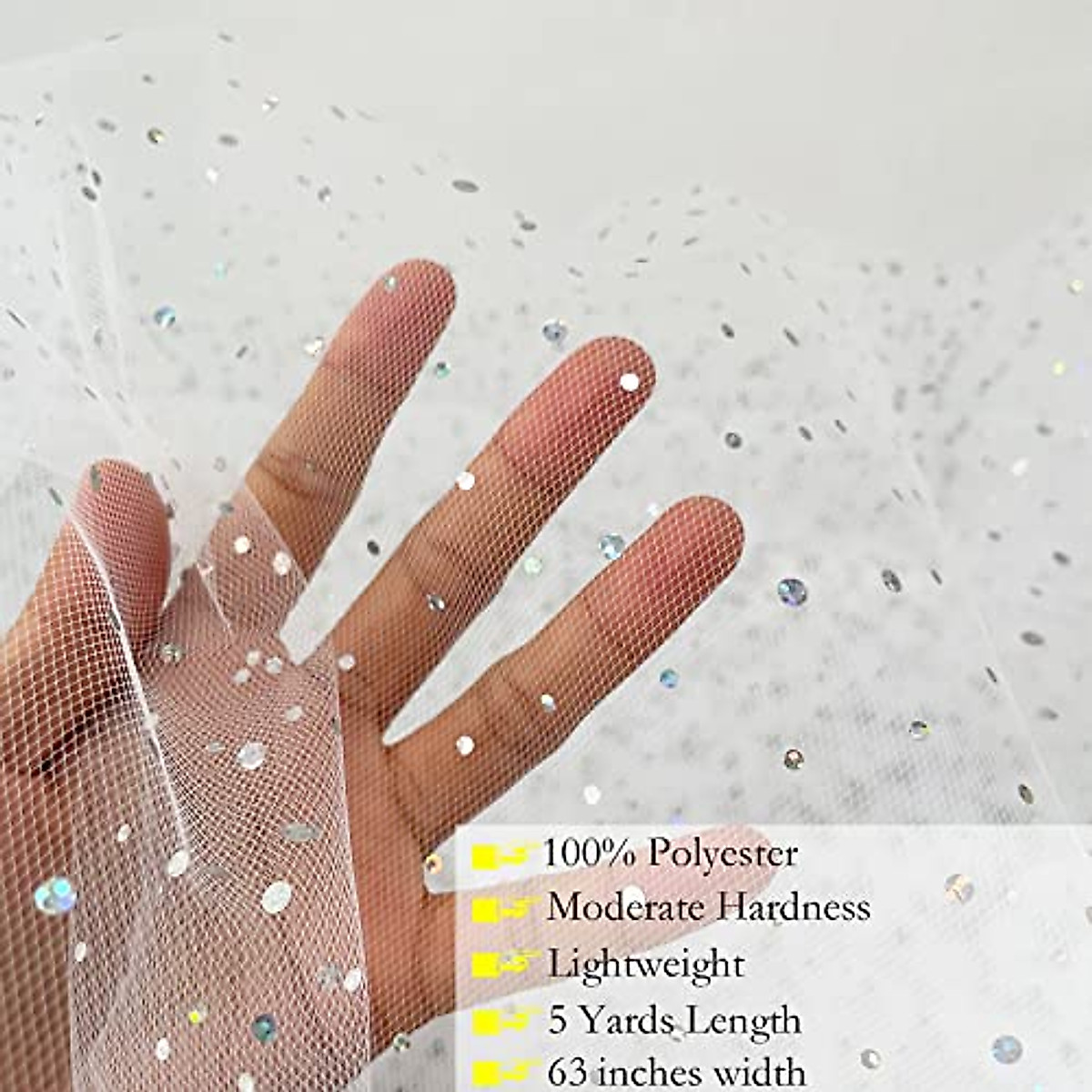 White Glitter Tulle Fabric Rolls 63 inch by 5 Yards Sequin Tulle Netting Fabric for Tutu Skirt Sewing DIY Crafts Wedding Birthday Baby Shower