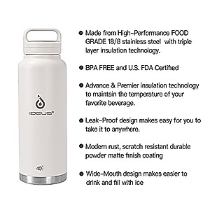 IDEUS Insulated Stainless Steel Water Bottle with 2 Leak-Proof Lids, Thermal Water Flask for Hiking Biking, 40oz, White