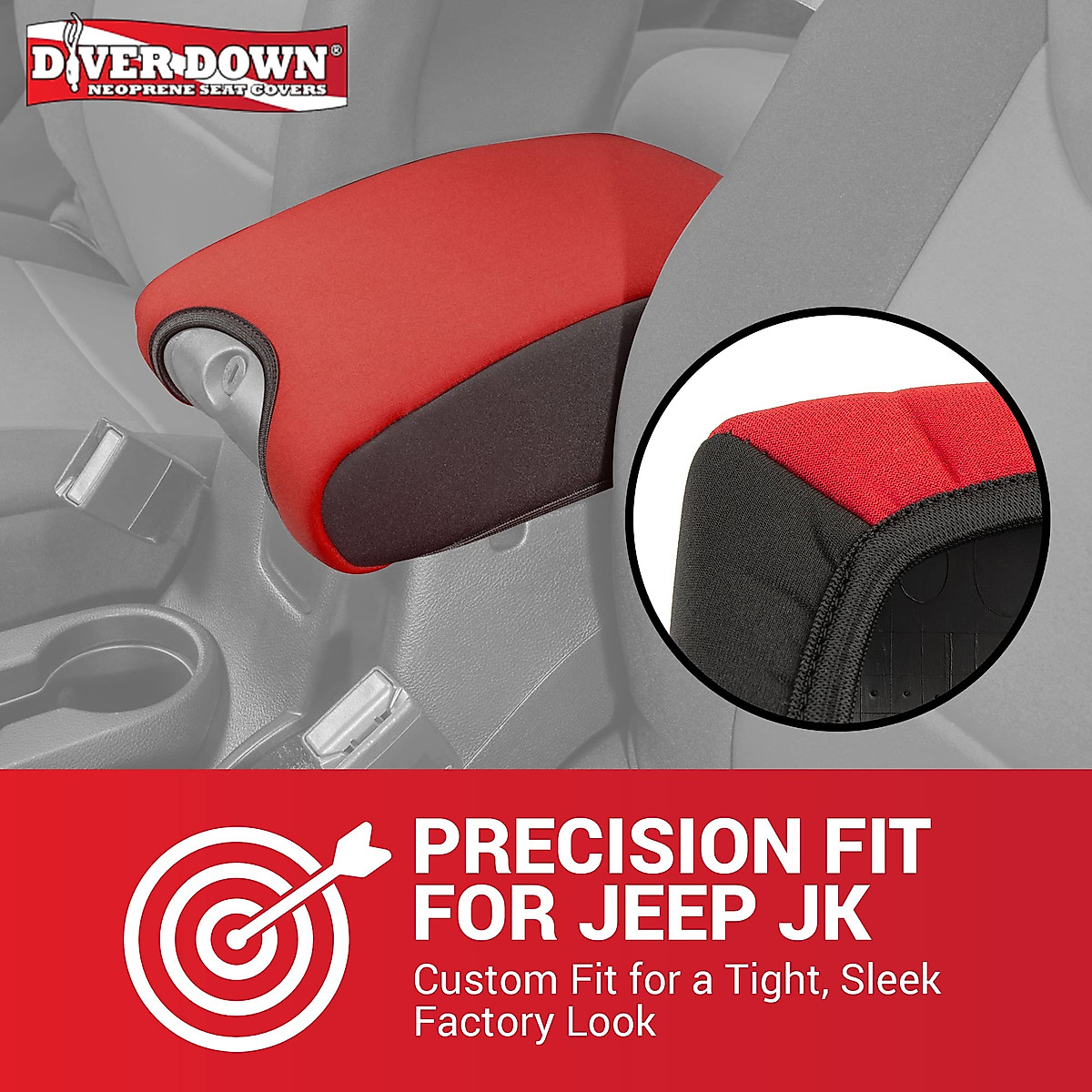 Diver Down Neoprene Center Console Cover - Fits Jeep 2007-2018 JK JKU Wrangler - Cushioned Armrest Cover - Doesn't Burn Your Elbow - Tight Custom Fit - Comfortable Foam Armrest Pad (11-18 Red)